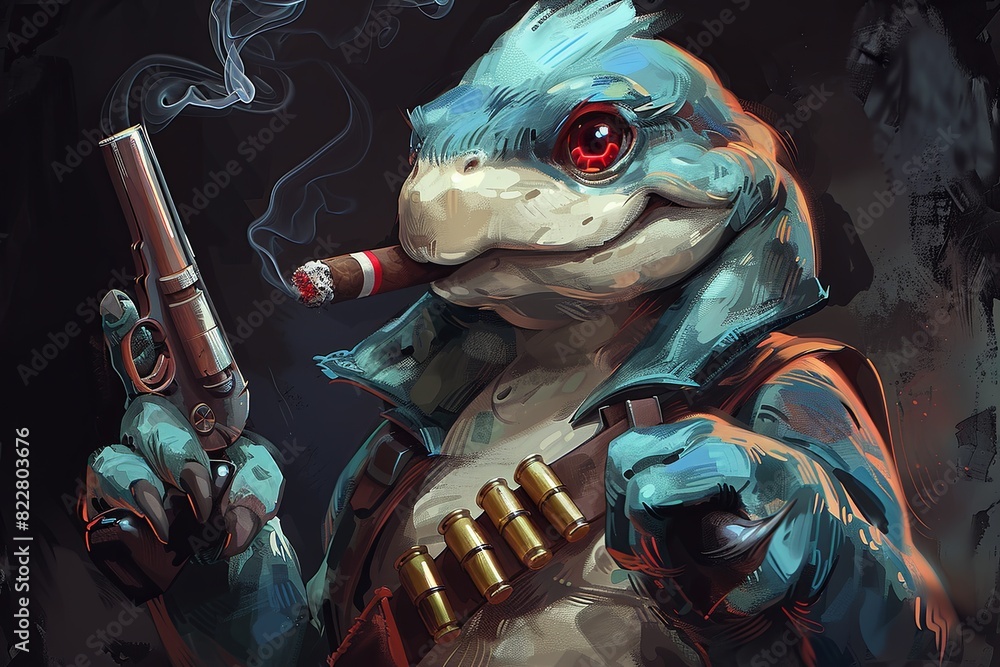 Vaporwave Yoshilike Character with Red Eye Holding Vulcan Machine Gun ...