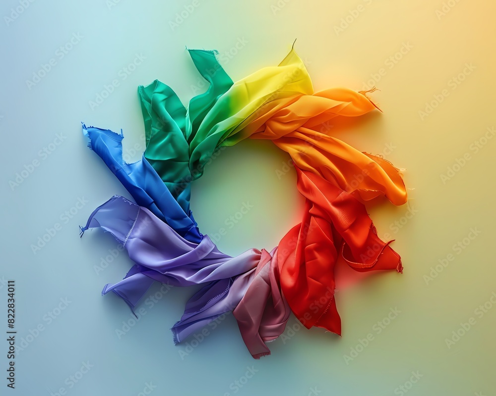 Minimal modern image of a rainbow flag arranged in a circular pattern ...