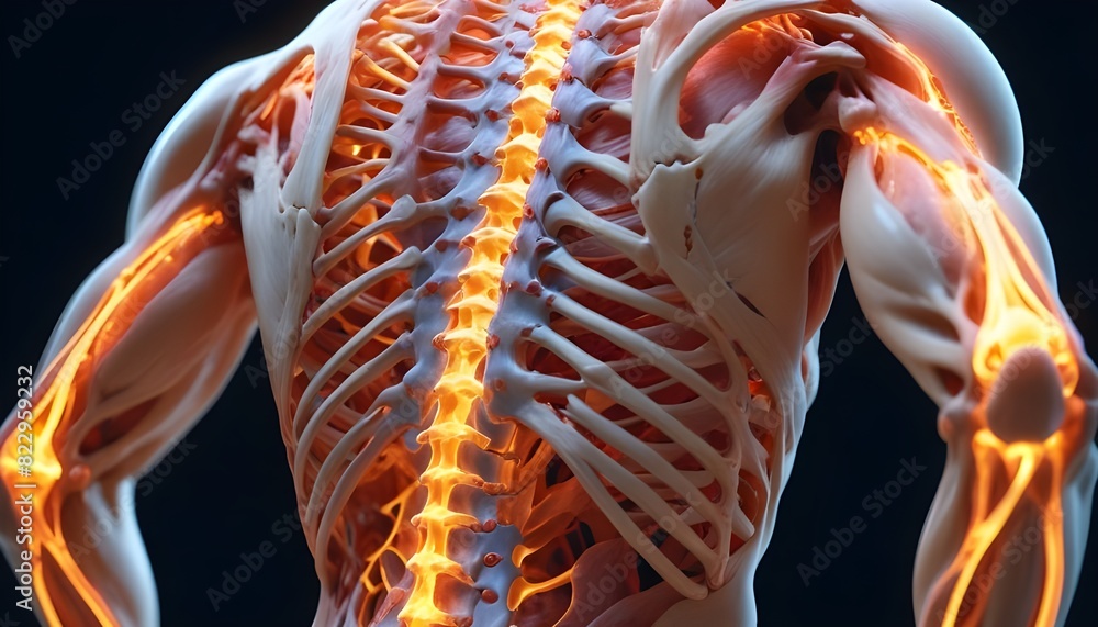 Spinal health visualization. Man experiencing back pain with glowing ...