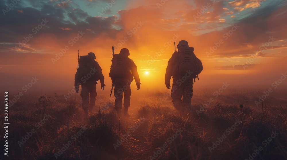 Photo Stock Soldiers and American flag on sunrise background, concept ...