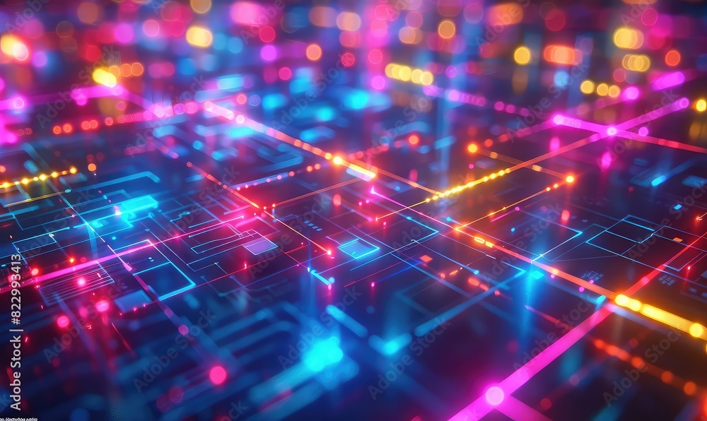 Quantum computing network, interconnected qubits, glowing neon lines ...