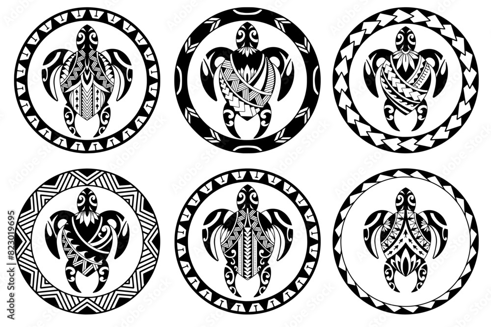 Tribal turtle tattoo collection design Polynesian style. Aboriginal ...