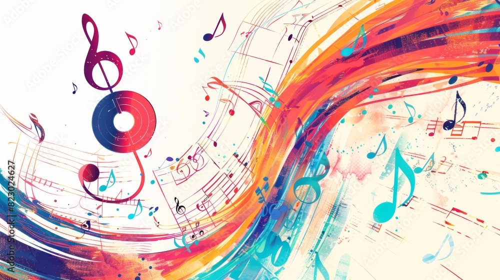 Vibrant music notes and sheet music background with disc and treble ...