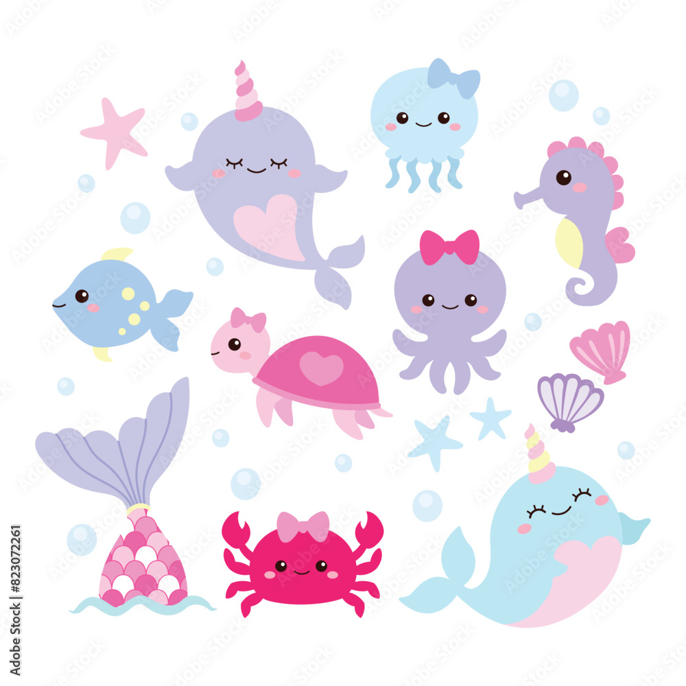 Cute narwhal and sea animal clip art set Stock Vector | Adobe Stock