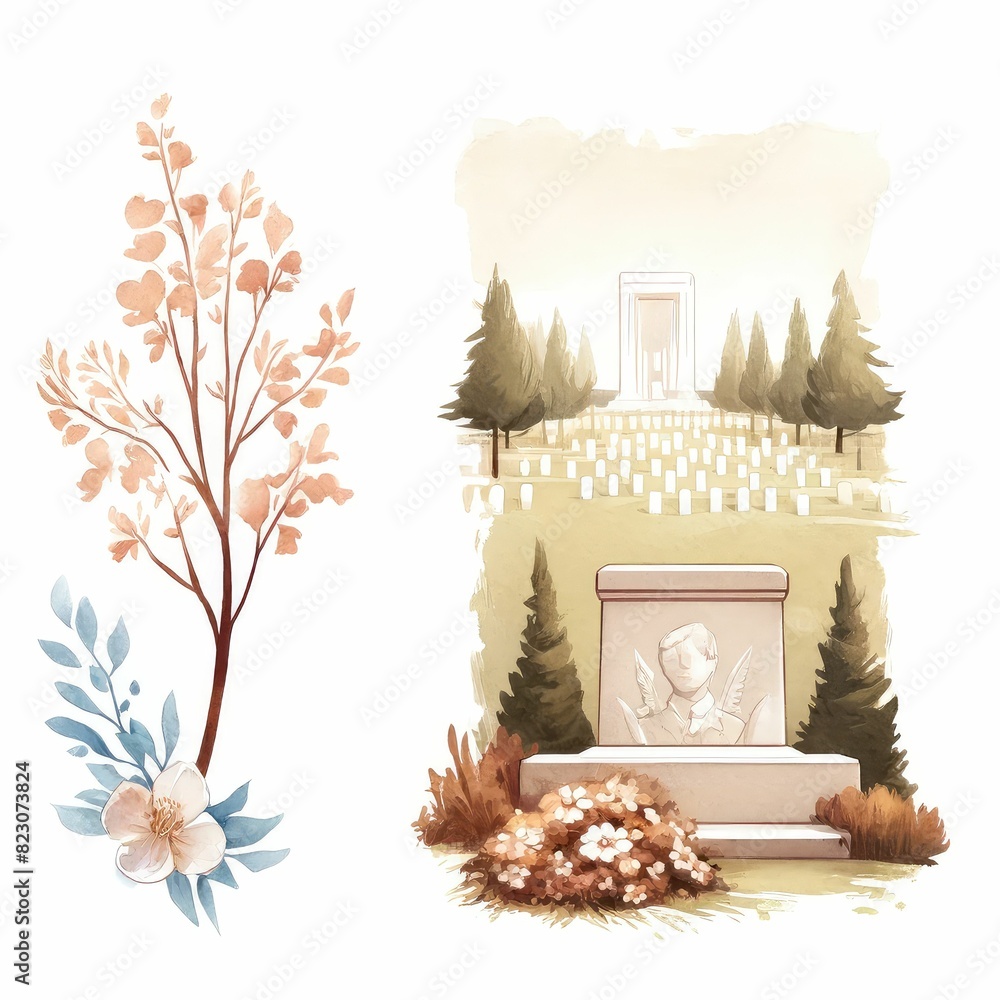 Veterans' memorials and cemeteries. watercolor illustration, Perfect ...
