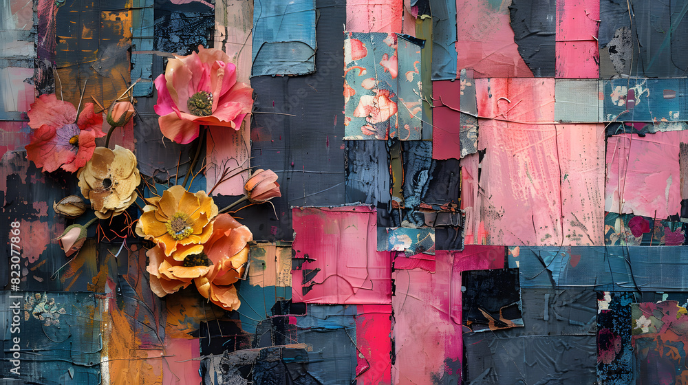 A captivating mixed-media collage incorporating layers of torn paper ...