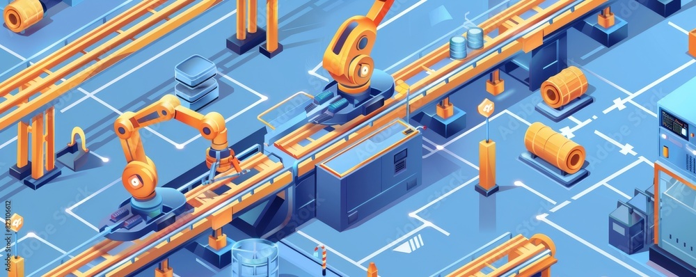 An isometric illustration set depicting a conveyor production line with ...