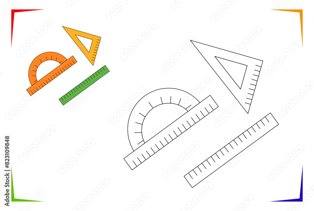 School ruler, triangle, protractor vector coloring page. Educational ...