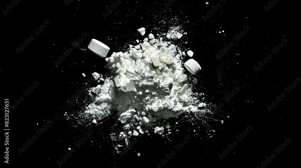 Black and white image of crushed pill, drug, medicine. Powder overlay ...