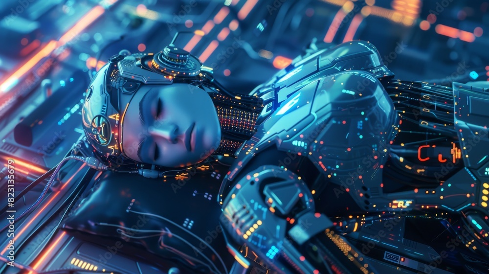 Anthropomorphic female robot curling up, asleep in cyberspace. Cyborg ...
