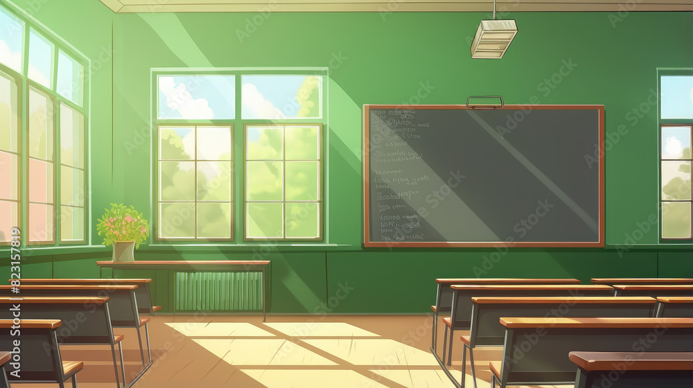 Sunlit Peaceful Classroom Setting Anime Art Stock Illustration | Adobe ...