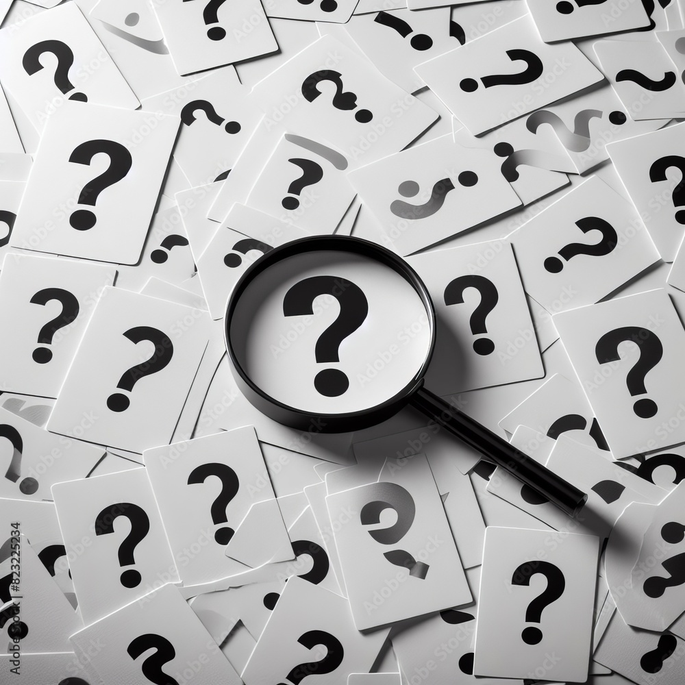 A black and white image featuring a magnifying glass focused on a pile ...