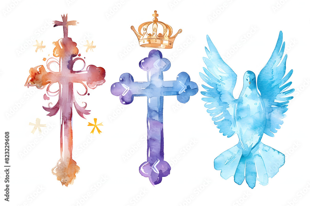 Holy Trinity symbols. Cross, crown and dove of Holy Spirit. Watercolor ...