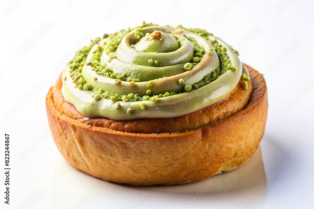 One cinnamon roll matcha green tea isolated on white background, sweet ...
