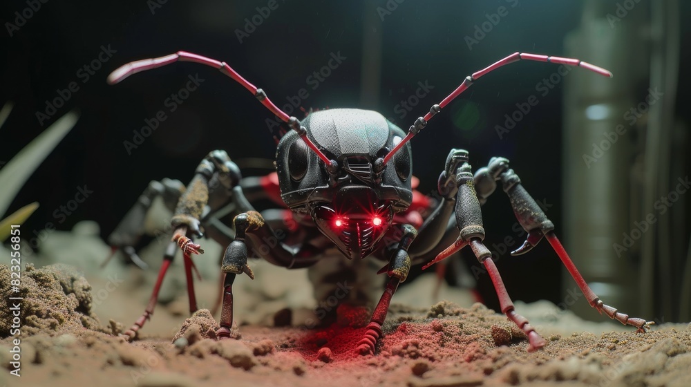 An intense image of a robot ant with glowing red eyes, positioned ...