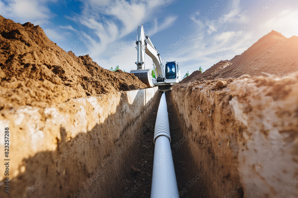 Excavator digging a trench for the installation of public utilities ...