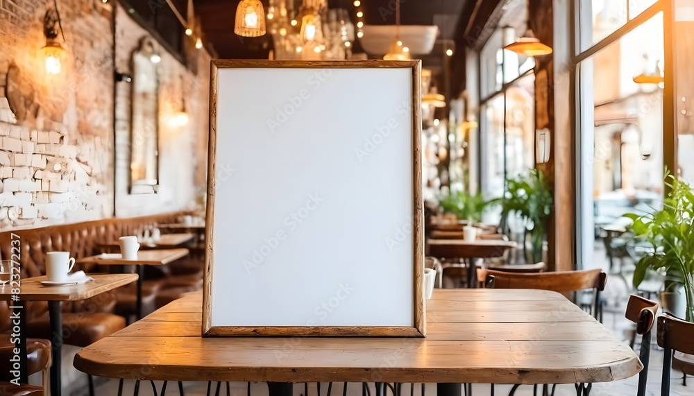 Blank mock-up poster board on blur background of cafe restaurant ...