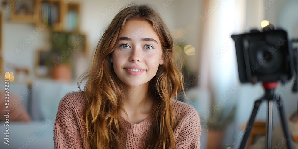 Teenage girl creating vlogs from her cozy home while interacting with ...
