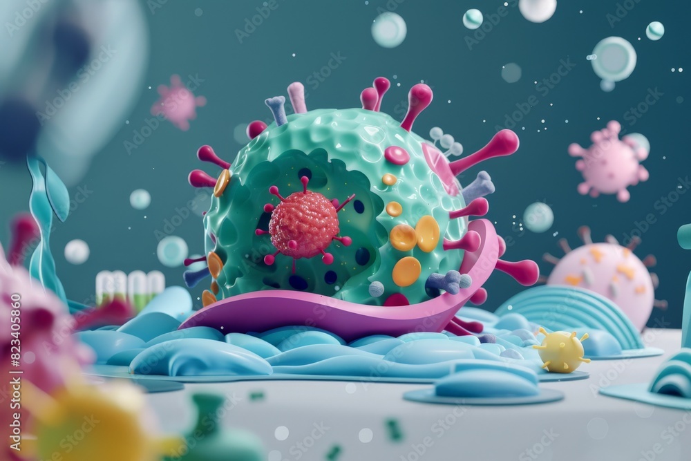 A front view of a flat design 3D model depicting a drug attacking a ...