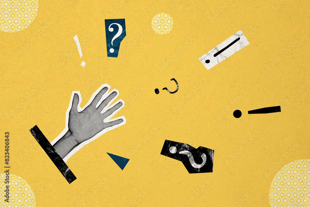 Composite photo collage of hand show palm arm question exclamation ...