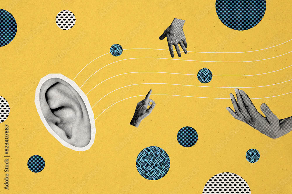 Composite photo collage of human ear listen sound waves gossips tattle ...