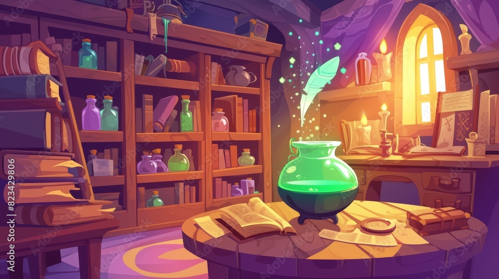 A modern cartoon illustration of a magic school classroom with an old ...