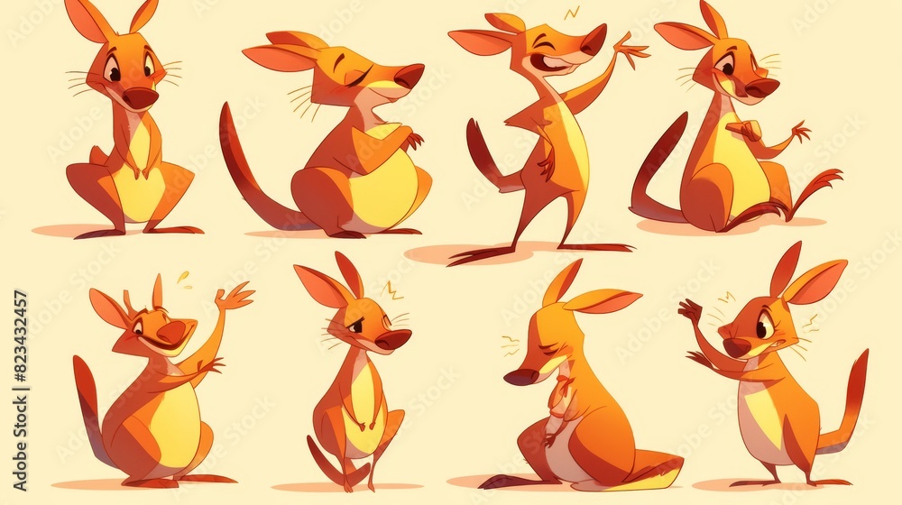 Various poses and emotions of a smiley kangaroo in a cartoon modern set ...