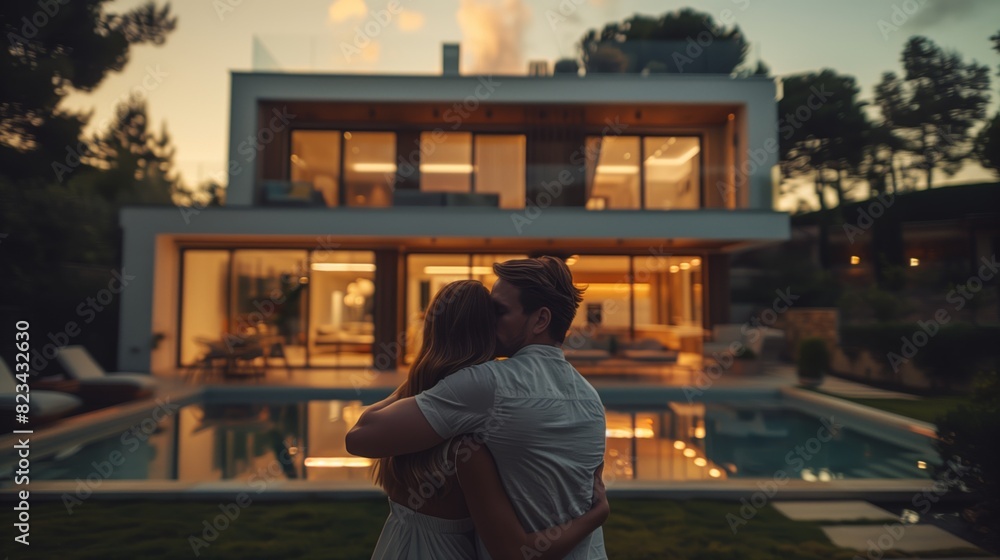 Back view of a young couple hugging in front of their modern luxury ...
