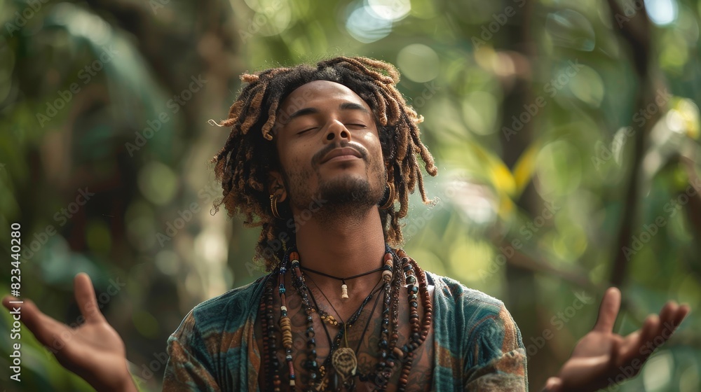 An intuitive healer, in a serene forest setting, surrounded by ancient ...