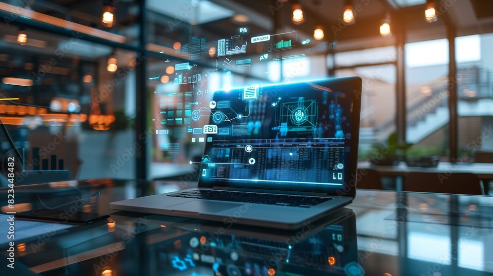 digital business management system virtual display over a laptop in ...