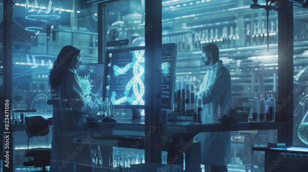 Female and male scientists are talking while working on the transparent ...