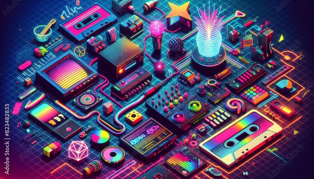 Retro futuristic set of objects and details with neon lights and ...