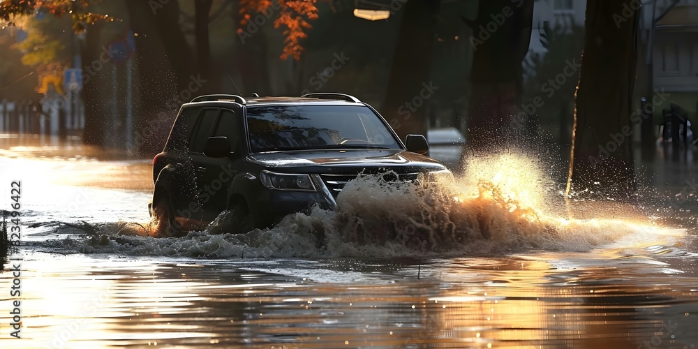 Car driving through flooded street due to climate change and extreme ...