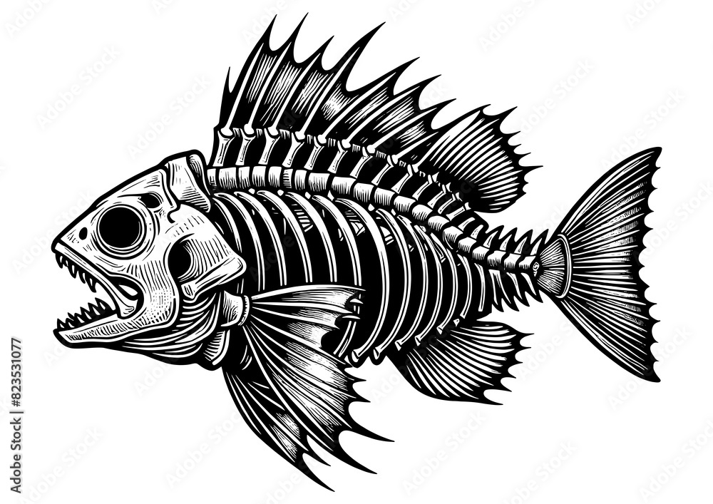 fish skeleton, showcasing intricate bone structure and sharp teeth ...