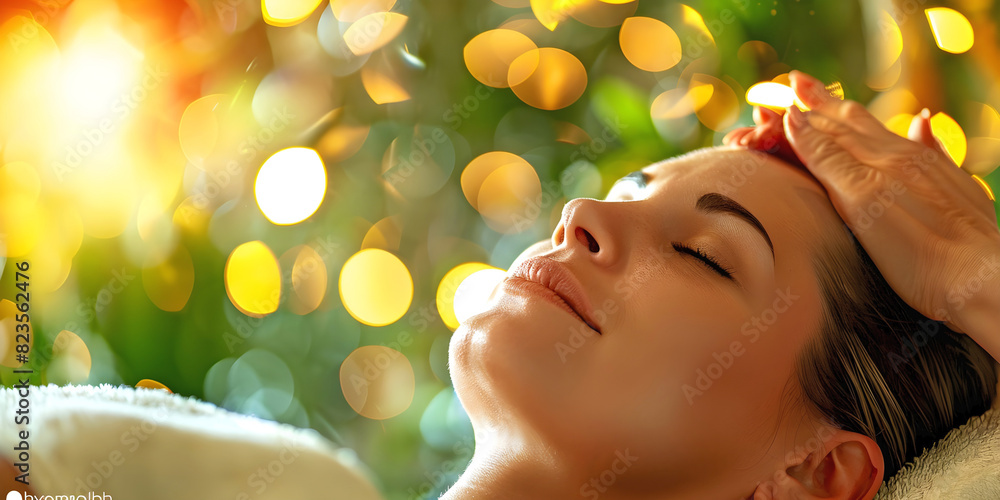 Receiving beautiful healing energy outdoors - smiling female with eyes ...