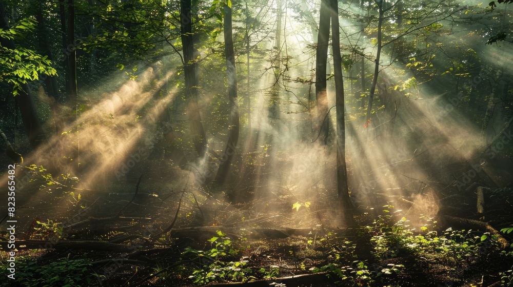Smoky trails from a recently extinguished campfire in a forest setting ...