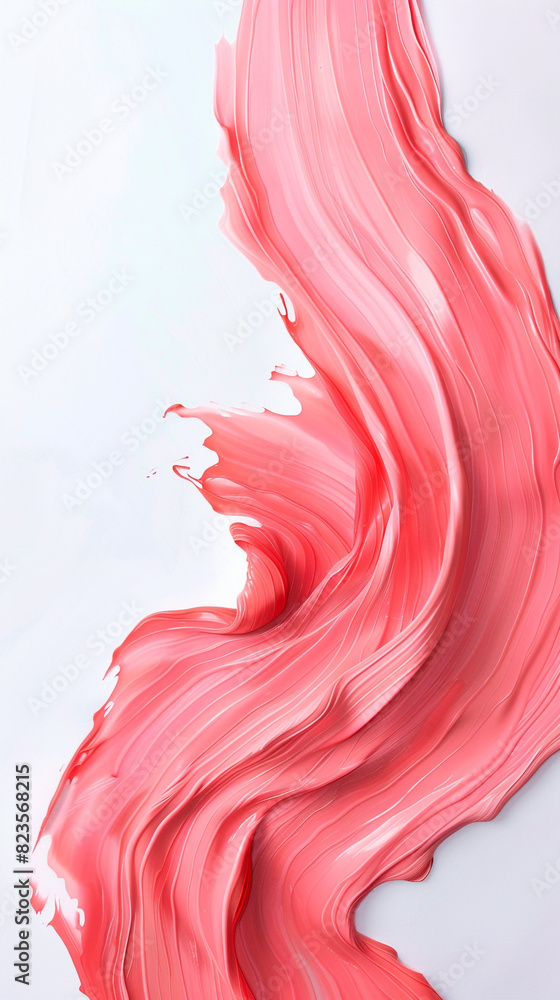 A broad, undulating stroke of coral pink acrylic paint, soft and ...