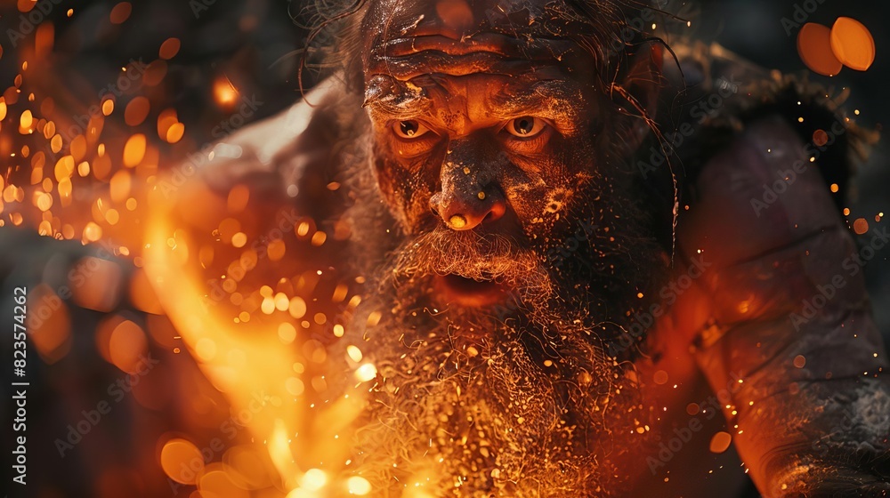 Depict the moment an ancient human accidentally creates fire by ...