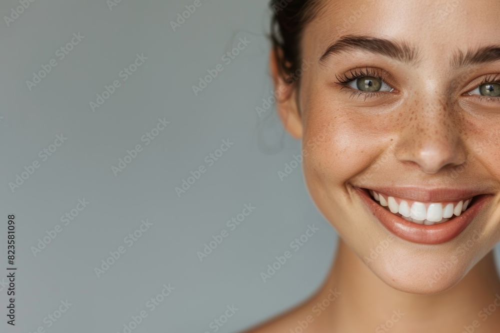 Half face, lady, and mockup beauty sample for studio, wellness, and ...