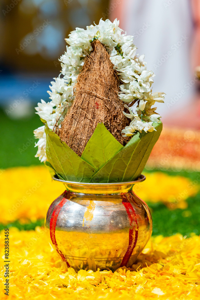 Holy kalash with coconut, placed on beautiful flower petals decoration ...
