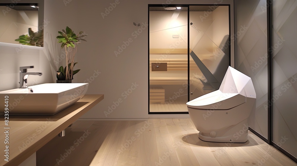 minimalist bathroom with an ultra-modern toilet, a geometric sink, and ...