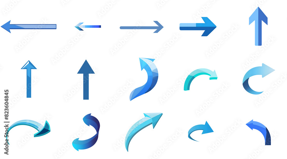 Collection of blue arrows in various directions, straight and curved ...