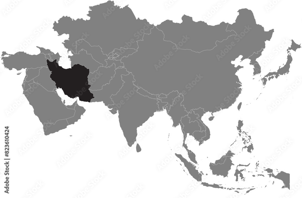 Highlighted black map of IRAN inside dark grey detailed blank political ...