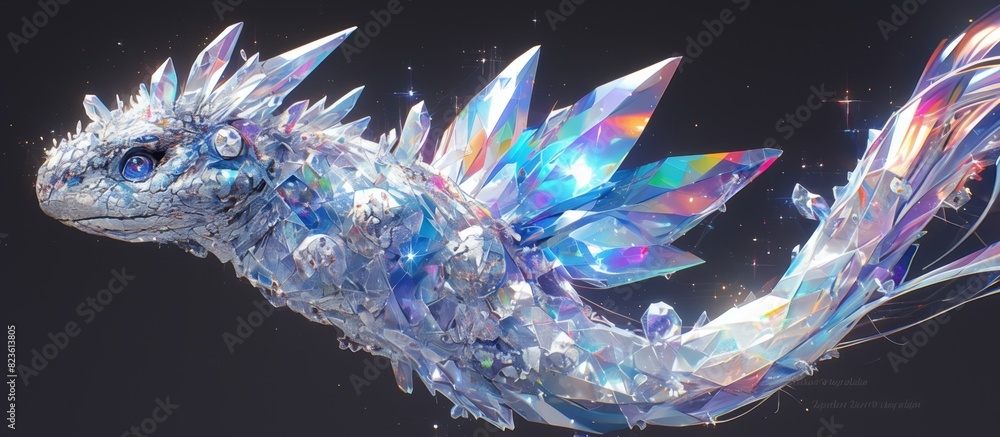 3D tuatara made of clear diamonds, shiny translucent, simple bright ...