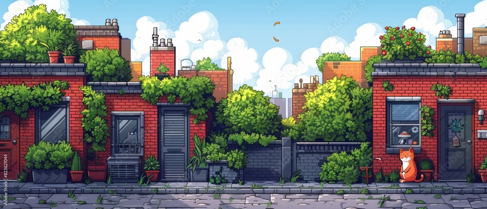 2D outline vector platform game. In modern city street scene above ...