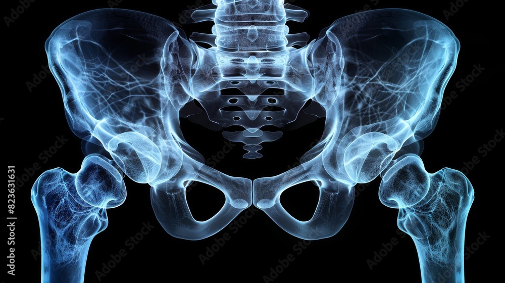 3D illustration of hip bones. Blue x-ray of the human pelvic bone ...