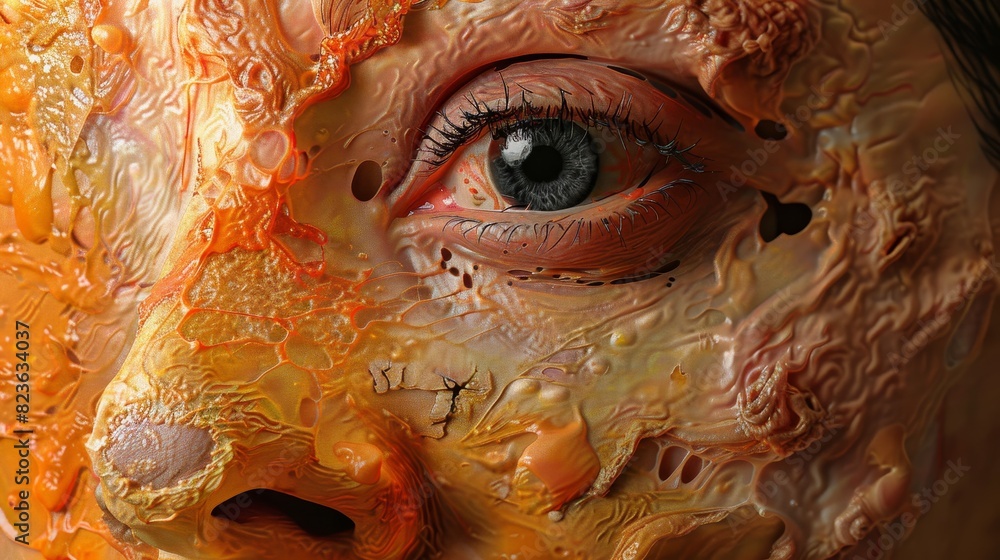 Worms-eye perspective showing severe acne on skin, oil painting style ...