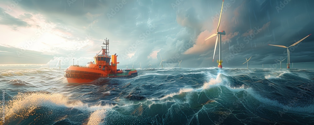 Design a detailed scene of an offshore wind farm generating renewable ...