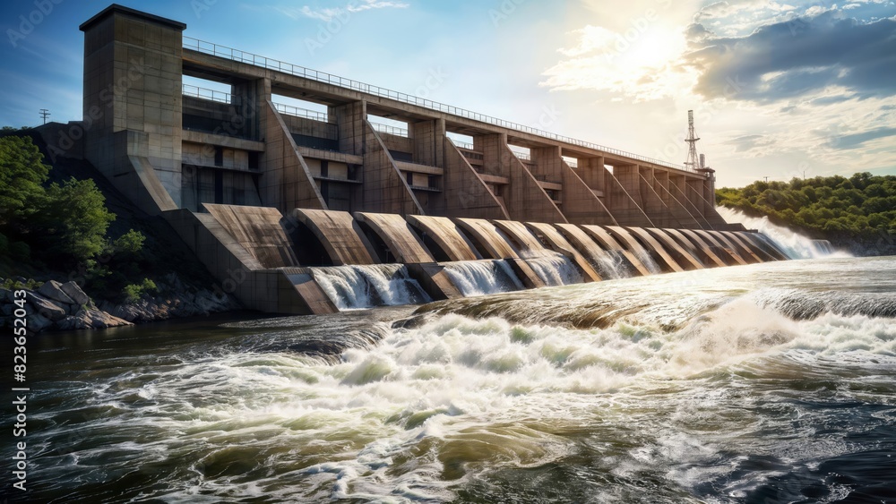 An up-close view of a large hydroelectric dam structure, showcasing the ...