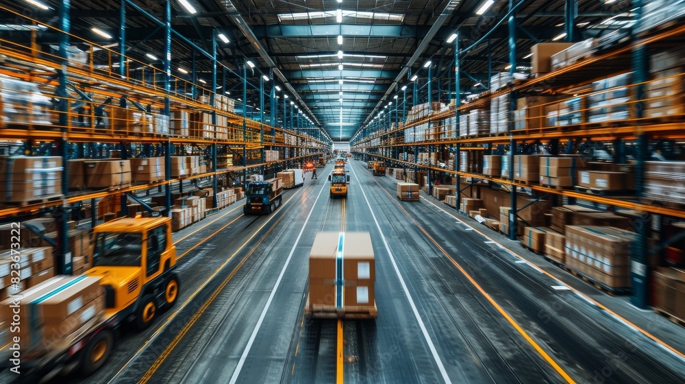 This photo captures forklifts in action inside a bustling warehouse ...